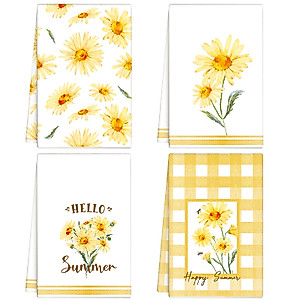 Buryeah 4 Pcs Kitchen Towels Set Yellow Daisy Dish Towels Yellow Dish Towels Absorbent Summer Kitchen Drying Towels for Kitchen Bathroom Party Seasonal Wedding Home Decorations,15.75 x 23.62 Inches