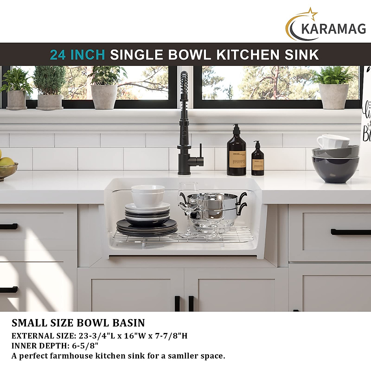 KARAMAG 24 Inch Farmhouse Kitchen Sink with Bottom Grid and Strainer, White Single Bowl Kitchen Sink Apron Front Ceramic Farm Sinks for Kitchens