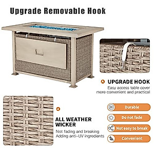 GYUTEI 50,000 BTU Auto-Ignition Gas Fire Table, 44in Propane Fire Pit Table with CSA Certification, 2 Hidden Side Hooks, 1 Glass Wind Guard, Aluminum Hand-Painted Table Top for Outside Patio (Gray)