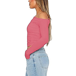 Off Shoulder Tops for Women Sexy Long Sleeve Solid Color Slim Fitted Basic T Shirt Y2K Going Out Crop Top (17-Barbie Pink, M)