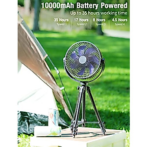 Koonie Standing Fan, 10000mAh Portable Rechargeable 8'' Battery Powered Pedestal Fan with Tent Hook 37Hours Working Time Adjustable Tripod 4 Speeds Fan for Bedroom Travel Fishing Beach Camping