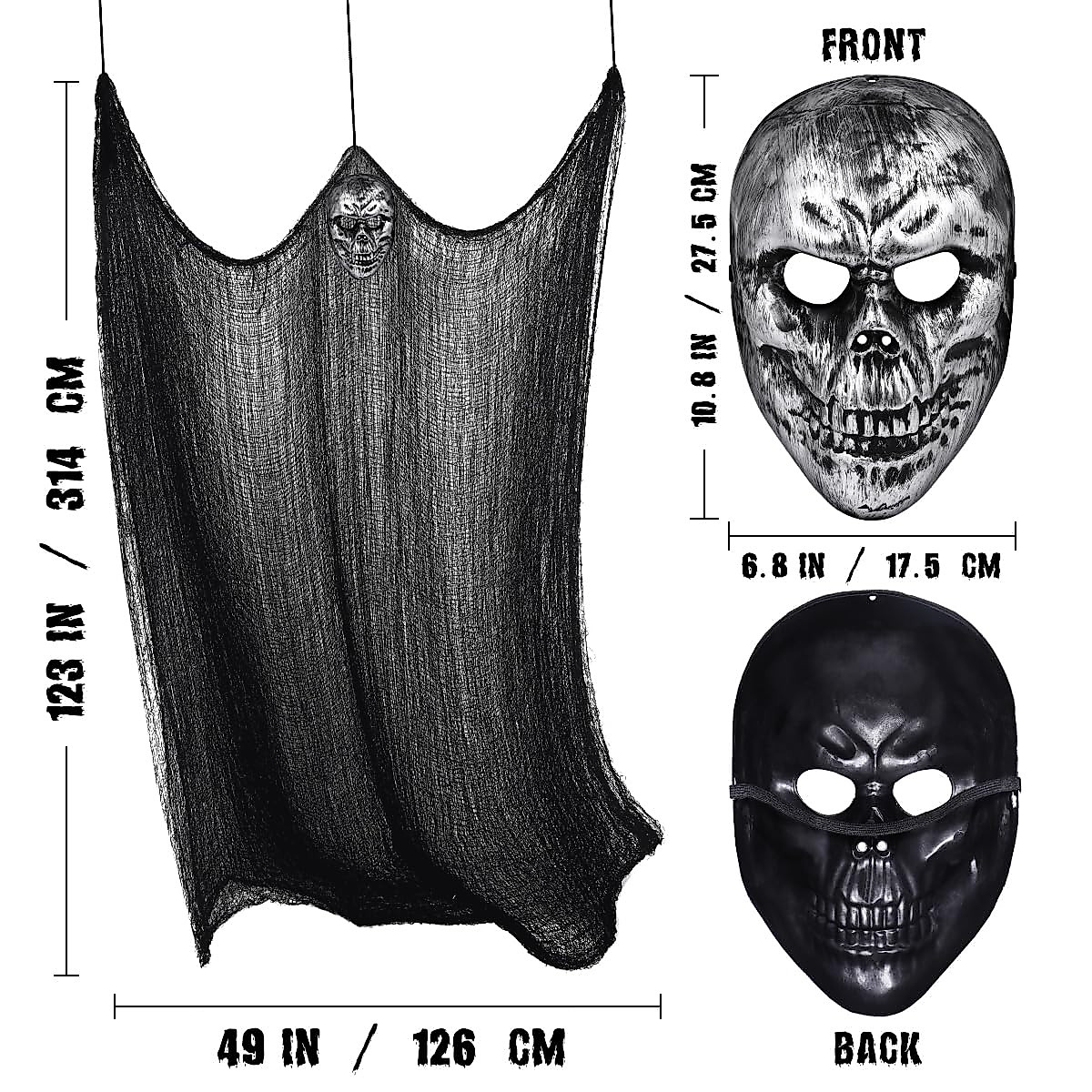 25FT Scary Halloween Outdoor Decorations, Hanging Ghost Halloween Decor with Black Creepy Cloth and Skull Mask for Halloween Haunted House Decor Party Supplies