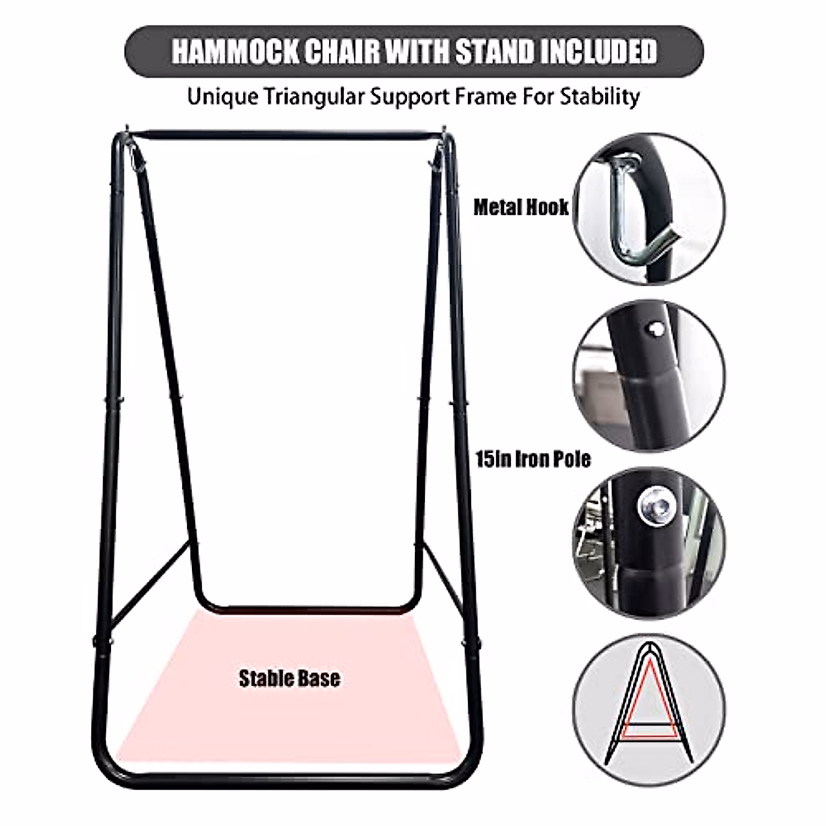 Hammock Chair Stand, Hammock Chair with Stand Including Large Hanging Indoor Swing with 2 Cushions, Hammock Swing Chair with Stand, Max 450 Lbs for Indoor, Outdoor, Patio, Yard (Grey)