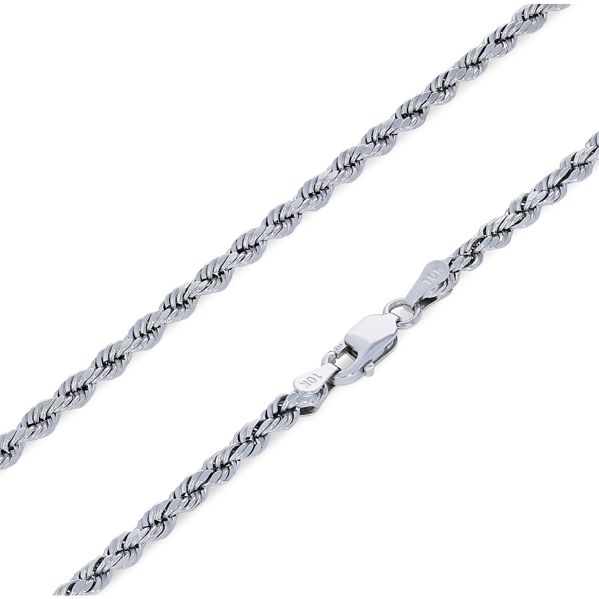 Nuragold 10k White Gold 3mm Rope Chain Diamond Cut Pendant Necklace, Mens Womens Jewelry 16" 18" 20" 22" 24" 26" 28" 30"