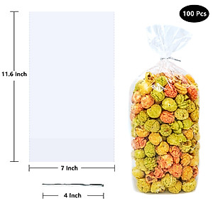 Oueliche 100Pcs 7x11.6 Inch Clear Plastic Cellophane Treat Bags with 4" Twist Ties, Great for Gift Giving or Party Favors Packaging, Bread, Cookie, Candy, Popcorn