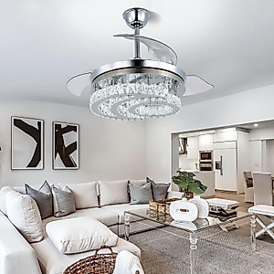 FRIXCHUR 42" Dimmable Fandelier Led Crystal Chandelier Ceiling Fans with Lights and Remote Moon Shape Retractable Chandelier Ceiling Fan for Bedroom Living Room Dining Room 30W*2