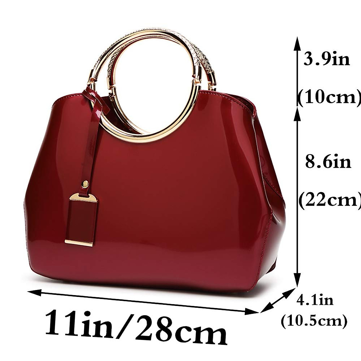 Rullar Women Elegant Handbag and Purse Top Handle Bag Patent Leather Tote Satchel Shoulder Clutch Crossbody Bag with Pendant Burgundy