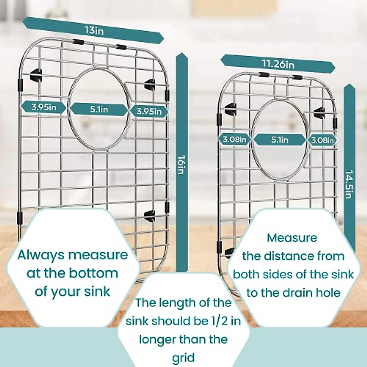 Wexbi Kitchen Sink Protectors for Double Kitchen Sink, Stainless Steel Sink Grid, Set of Two Metal Sink Protector Mat 16 x 13 in, 14.5 x 11.26 in, Grid Sink Bottom Protector with Rear Drain