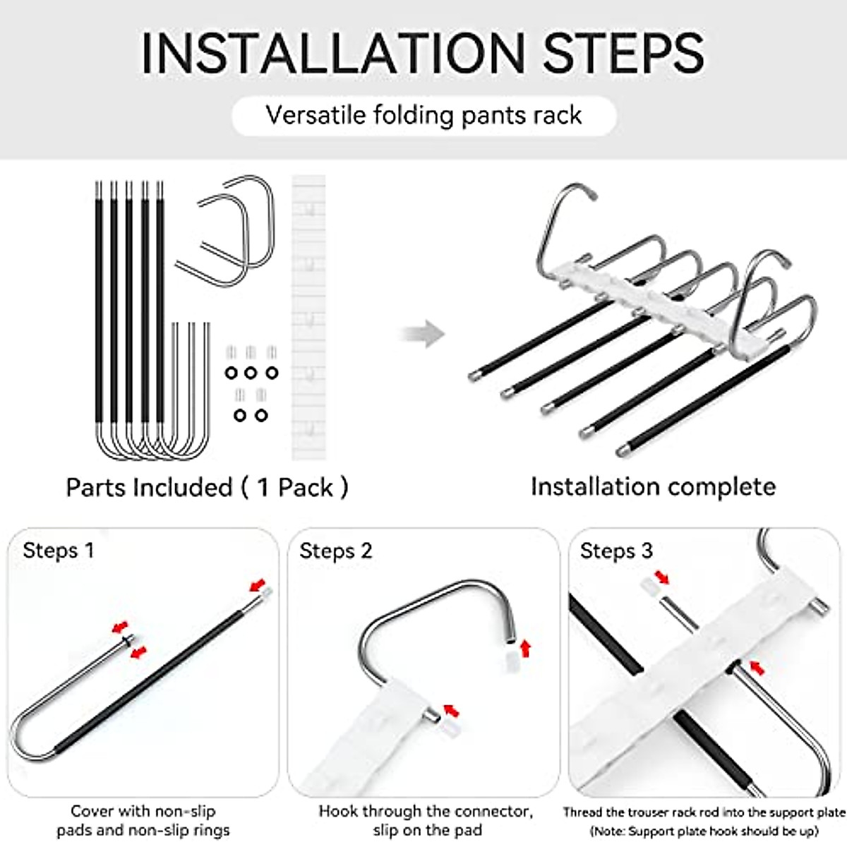 devesanter Pants Hangers Space Saving Hangers 2 Pack Collapsible Pants Organizer Non Slip for Pants Jeans Scarf Hanging （Black with 10 Clips）