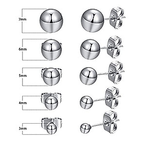 MDFUN 6 Pairs Surgical Stainless Steel Round Ball Stud Earrings Set for Women Men 3-7mm