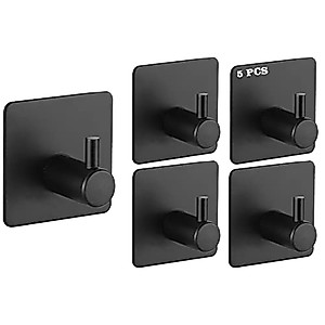 Adhesive Hooks - 5 Pack Heavy Duty Wall Hooks Waterproof Stainless Steel Hooks for Hat Towel Robe Hooks Rack Wall Mount - Bathroom Kitchen Home Hotel Office Cabinet and Bedroom Matte BLACK01