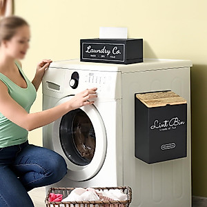 Megsooul Magnetic Lint Bin and Dryer Sheet Holder Set for Laundry Room, Farmhouse Wooden Lint Trash Can with Lid and Dryer Sheet Dispenser Box Magnetic for Mounting,Stylish Laundry Room Organization