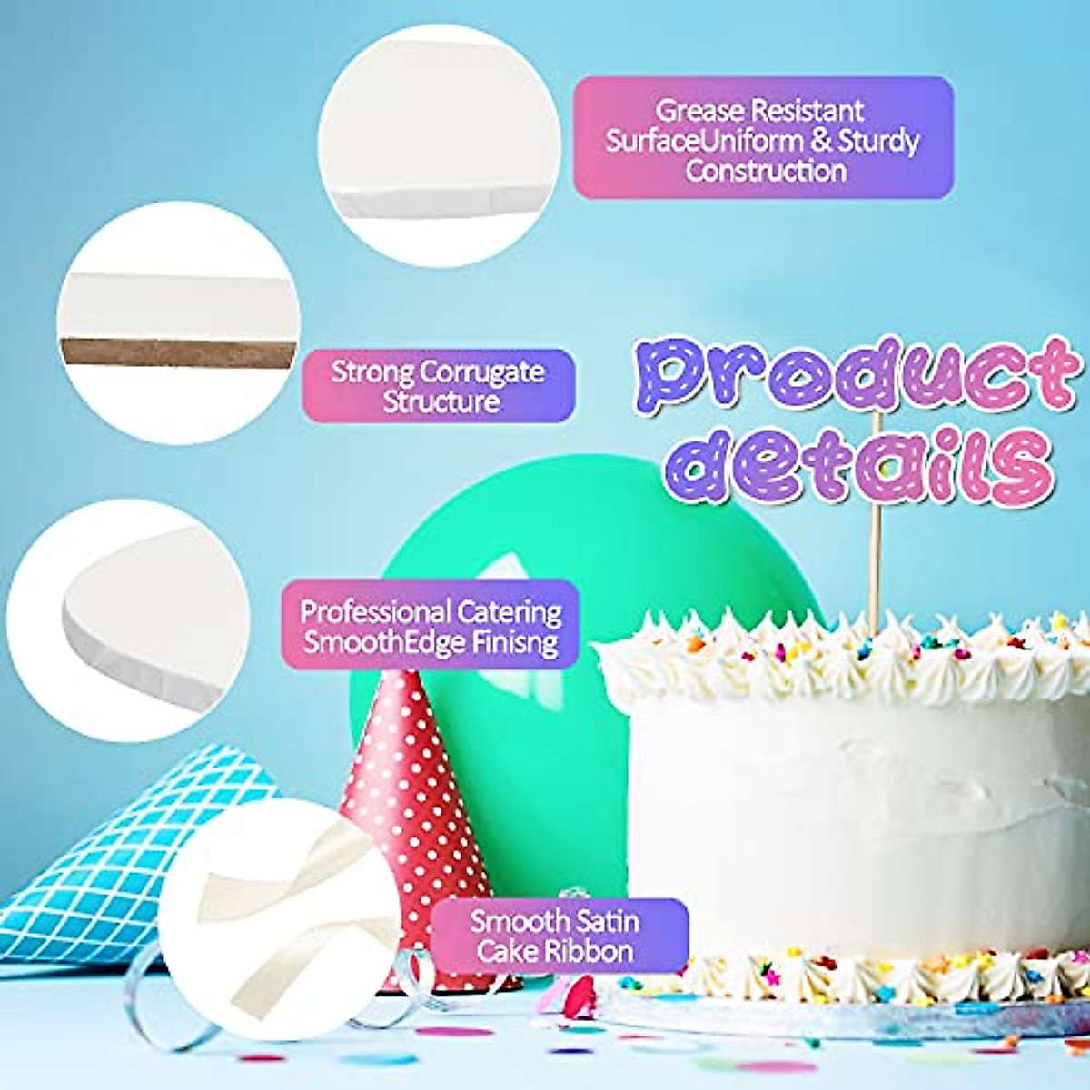 8 Pieces Cake Drums Round Sturdy White Cake Drum with 2 Pieces Satin Cake Ribbon for Heavy or Multi-Tiered Cakes (6, 8, 10, 12 Inch)