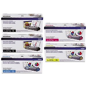 Genuine Brother TN221BK, TN225C, TN225M, TN225Y Color (2xBK/C/M/Y) Toner Cartridge 5-Pack Brother HL-3140CW, HL-3170CDW, MFC-9130CW, MFC-9330CDW