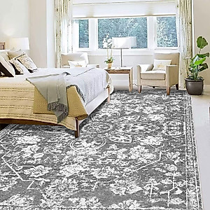 Pauwer Area Rug 5x7 Rug, Distressed Low Pile Non-Slip Non-Shedding Floral Print Large Accent Rug, Washable Carpet Indoor Mat for Living Room Bedroom Dining Room