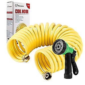 Yereen Coil Garden Hose 25FT, EVA Recoil Garden Hose, Self-coiling Water Hose with 3/4" Brass Connector Fittings with 8 Function Spray Nozzle, Creamy Yellow