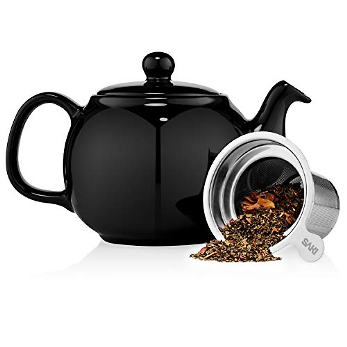 SAKI Large Porcelain Teapot, 48 Ounce Tea Pot with Infuser, Loose Leaf and Blooming Tea Pot - Black