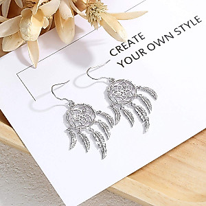 INFUSEU Sterling Silver Dream Catcher Feather Tassel Dangle Earrings for Women Ladies, Tribal Amulet Boho Bohemian Charms Fashion Jewelry