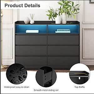 CIPACHO Black Dresser for Bedroom,Dresser with LED Lights,6 Drawer Dresser with 2 Cubby,Chest of Drawers & Dresser,Wood Dresser,Dresser Bedroom Furniture, TV Dresser for Living Room