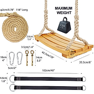 Premkid Wooden Swing, Swing Seat 18"x 8"x 1.4", Tree Swing for Adults and Kids, Indoor Swing with Rose Garland, Adjustable Hemp Rope Plus Tree Straps 100 inch, Swing Set for Indoor Outdoor