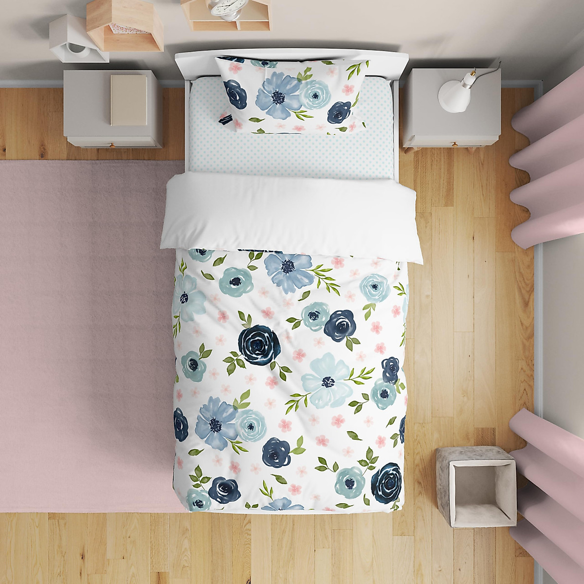 Sweet Jojo Designs Navy Blue and Pink Watercolor Floral Girl Toddler Kid Childrens Comforter Bedding Set - 5 Pieces Comforter, Sham and Sheets - Blush, Green, White Shabby Chic Rose Flower Polka Dot