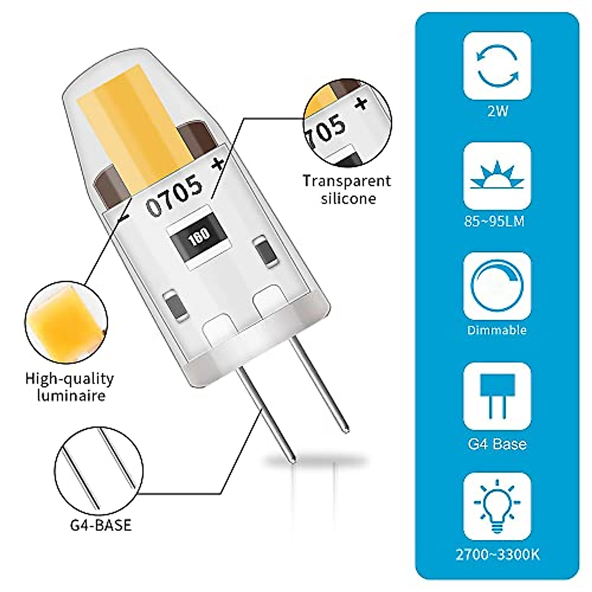 ELINKUME LED G4 Dimmable Bulbs,2W 95LM Warm White Energy Saving Bulb, Equivalent to 20W Halogen Lamp,No Flicker,DC 12V,G4 LED Pin Cap, 360°Beam Angle,10 Packs