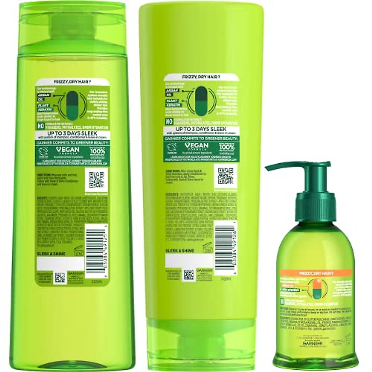Garnier Fructis Sleek & Shine Shampoo, Conditioner + Anti-Frizz Serum Set for Frizzy, Dry Hair, Argan Oil (3 Items), 1 Kit (Packaging May Vary)