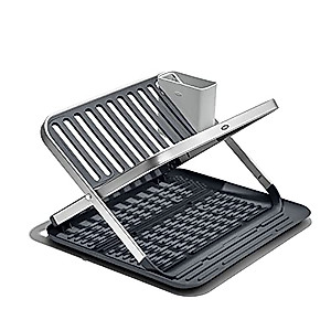 OXO Good Grips Aluminum Fold Flat Dish Drying Rack, 2-Tier, with Drainboard, for Kitchen Counter, Collapsible & Good Grips Stronghold Suction Sinkware Organizer - Gray, One Size