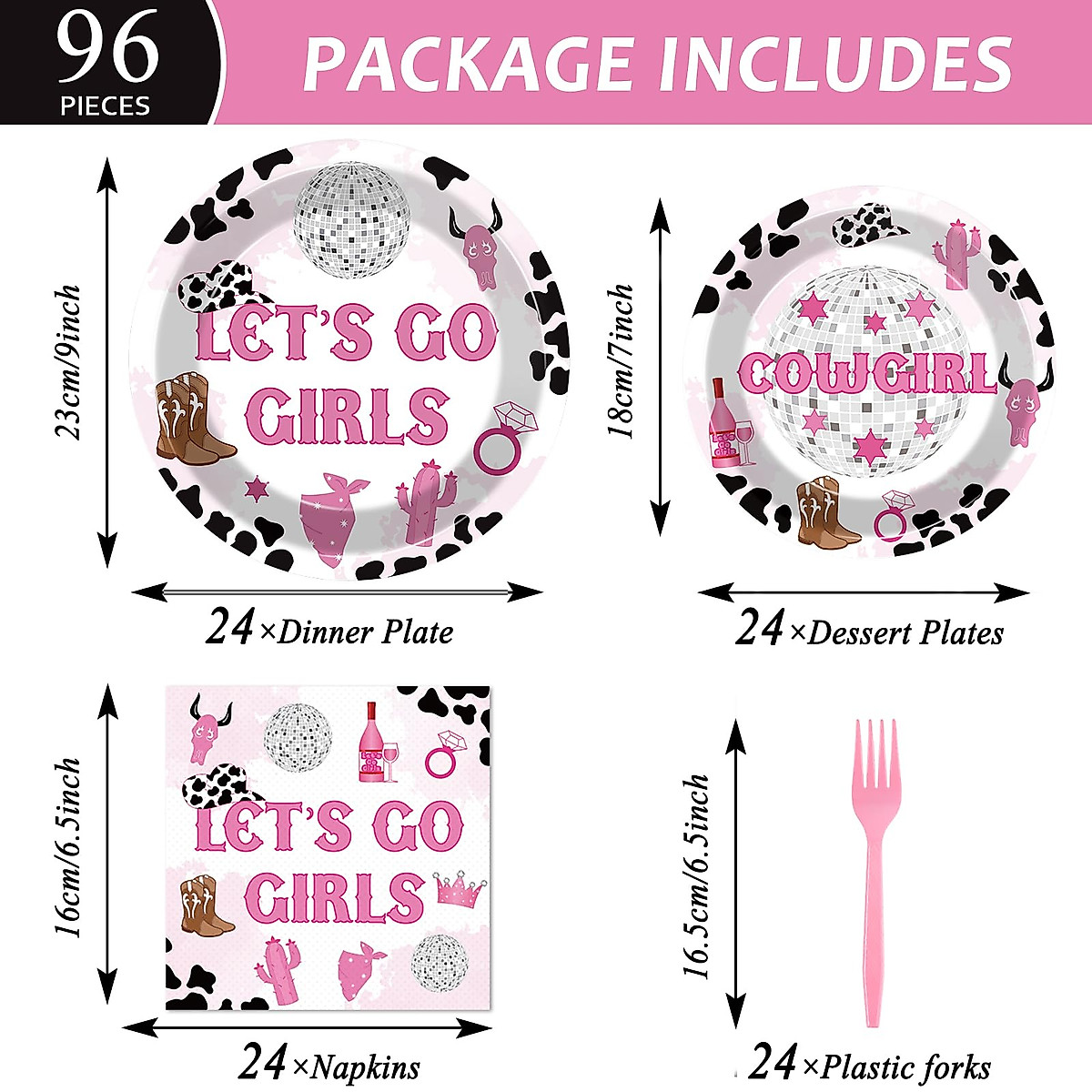 96pcs Lets Go Girls Bachelorette Party Tableware Set Western Cowgirl Party Supplies Plates Napkins Fork Printing Bachelorette Bridal Shower Party Supplies For Bachelorette Party Serves 24 Guests