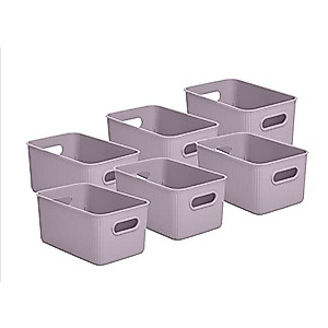 Superio Decorative Plastic Open Home Storage Bins Organizer Baskets, Medium Lilac Purple (6 Pack) Container Boxes for Organizing Closet Shelves Drawer Shelf - Ribbed Collection 5 Liter