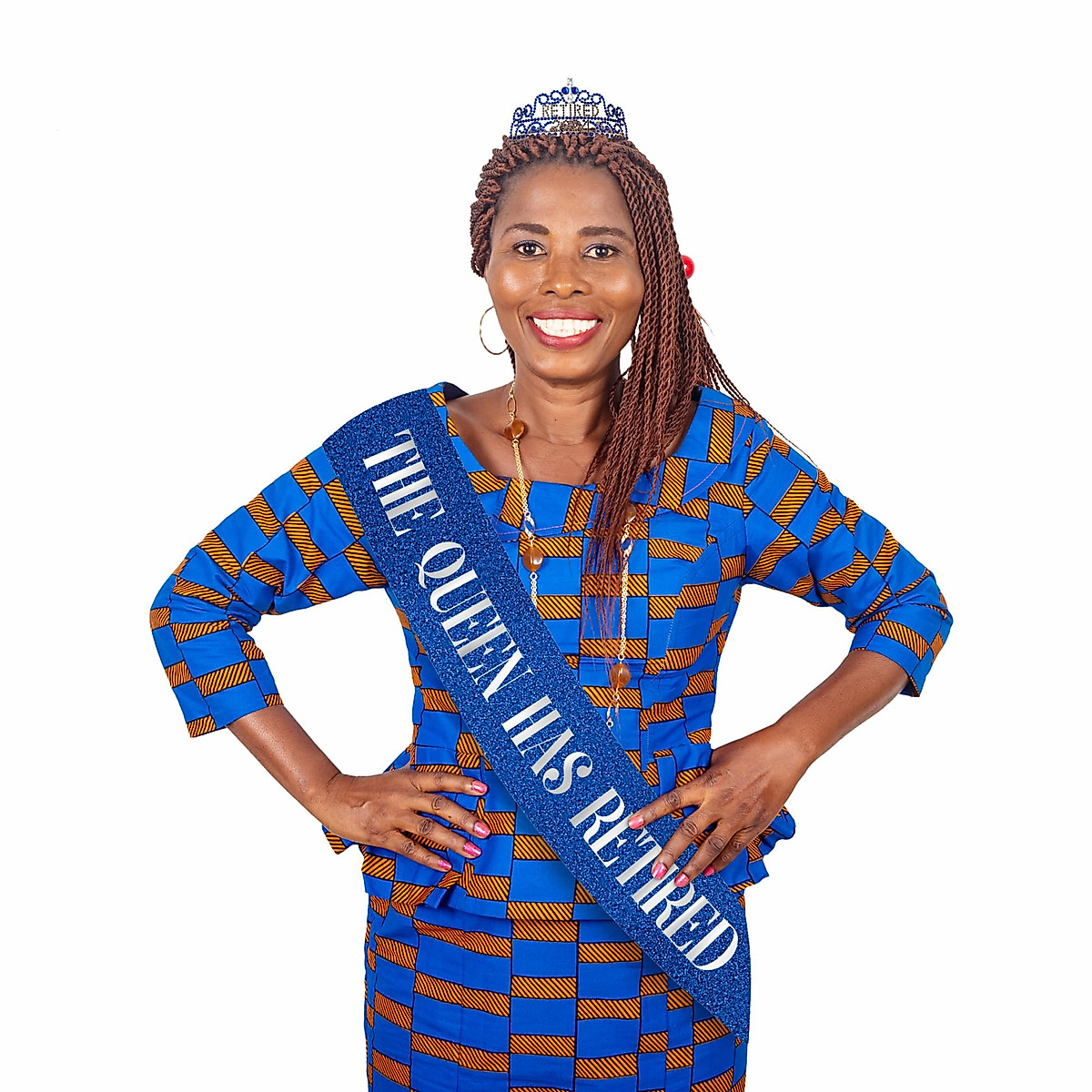 Retirement Tiara & Sash Set – The Queen Has Retired Sash and Crown with Rhinestones for Women & Large Gold Safety Metal Pin. Great for Retirement Party & Events (Blue)