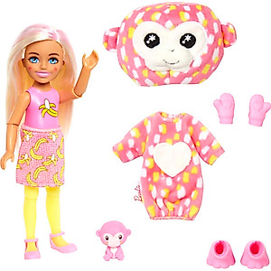 Barbie Cutie Reveal Chelsea Small Doll, Jungle Series Monkey Plush Costume, 7 Surprises Including Mini Pet & Color Change
