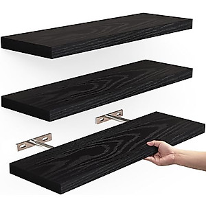 BAYKA Floating Shelves, Wall Mounted Rustic Wood Shelves for Bathroom, Bedroom, Living Room, Kitchen, Small Hanging Shelf for Books/Storage/Room Decor with 22lbs Capacity (Black, Set of 3, 16in)