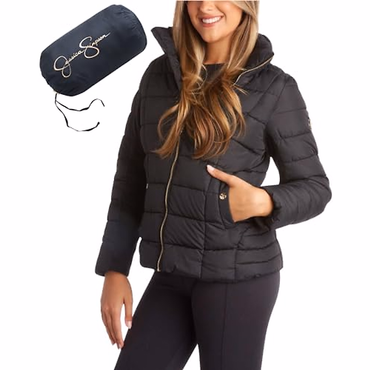 Jessica Simpson Women's Winter Jacket - Packable Quilted Puffer Jacket, Leopard Print Fleece Lining - Outerwear Coat (S-XL), Size Small, Black