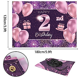 PAKBOOM Happy 2nd Birthday Banner Backdrop - 2 Birthday Party Decoration Supplies for Girls - Pink Purple Gold 4 x 6ft