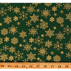 Cotton Holly Jolly Christmas Winter Metallic Gold Snowflakes on Green Cotton Fabric Print by The Yard (D402.61)