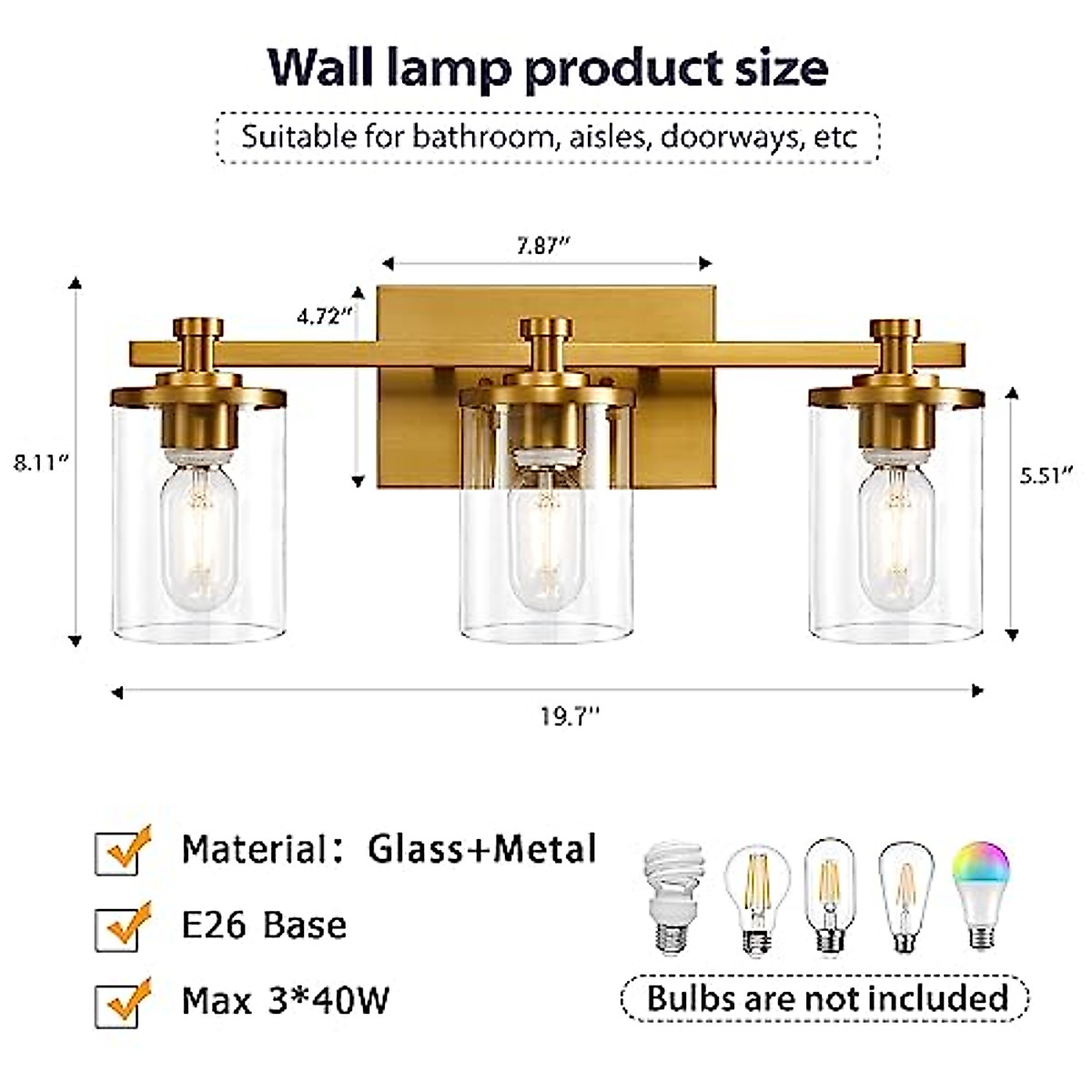 yenlacy 3 Light Bathroom Vanity Light Fixtures, Modern Gold Vanity Lights Over Mirror, Vintage Wall Sconce with Clear Glass Shade, Brushed Gold Vanity Lights for Bathroom