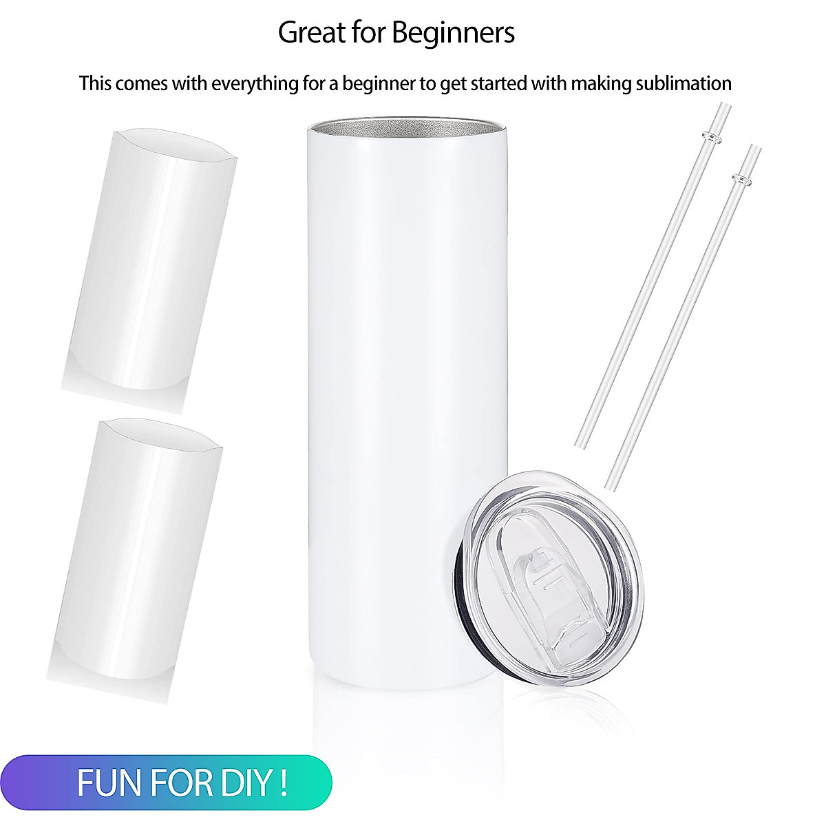 YOUKE OLA 24 Pack Sublimation Tumblers Straight Skinny Blanks 20oz for Heat Transfer, Individual Gift Boxed, Double Wall Insulated Tumbler with Shrink Wrap Films & Heat Tape & Straws, White