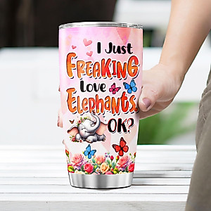 JENOIS Elephant Gifts, Tumbler 20 Oz With Lid And Straw, Floral Flower, Elephant Freaking Love