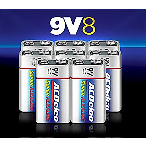 ACDelco 8-Count 9 Volt Batteries, Maximum Power Super Alkaline Battery, 7-Year Shelf Life, Reclosable Packaging