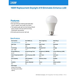 Feit Electric A19 100W Equivalent LED Light Bulbs, Dimmable, 5000k Daylight, 1600 Lumens, 22 Year Lifetime, E26 Base, CRI 90, UL Listed, Damp Rated, 2 Pack, OM100DM/950CA/2