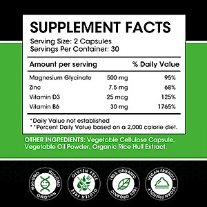 Magnesium Glycinate Capsules, Magnesium Glycinate Supplement with Magnesium Glycinate 500 mg, Zinc, Vitamin D3 & B6 - Promotes Nerve, Bowel, Relaxation Function - 60 Vegan Capsules
