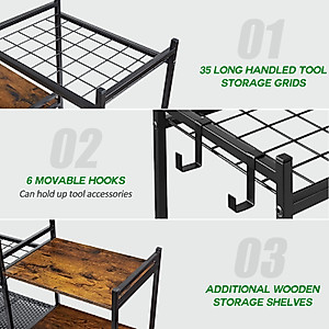 DAOUTIME Garage Tool Organizer with 2-tier Wooden Shelves, Yard Tool Organizer for Garage with 6 Hooks, Heavy duty Steel Garden Tool Rack Holds up to 35 Long Handled Yard tools for Storage, Black