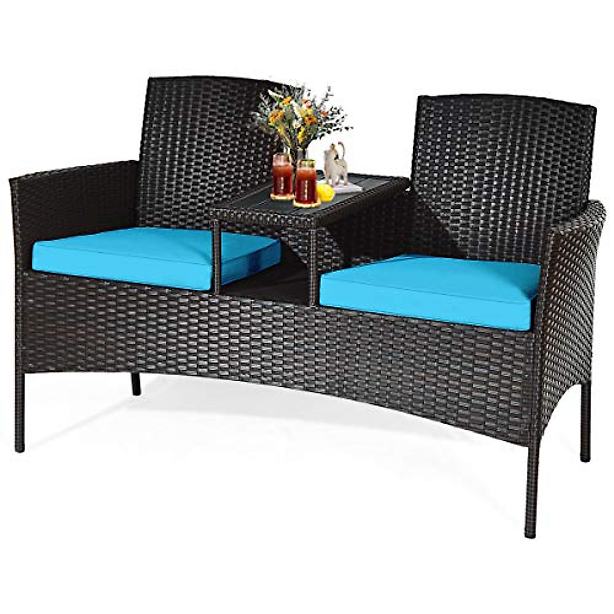 HAPPYGRILL Outdoor Rattan Loveseat Set Patio Wicker Conversation Set with Removable Cushions, Wicker Sofa Furniture Set with Coffee Table for Garden Lawn Backyard
