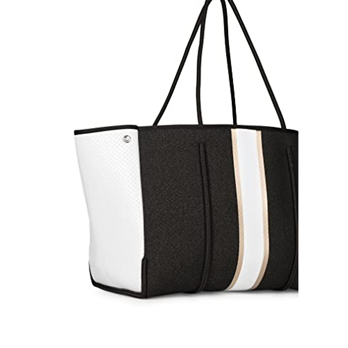 Haute Shore - Greyson Bravo Neoprene Tote Bag w/Zipper Wristlet Inside, Black Denim W/Rosegold & White Stripe
