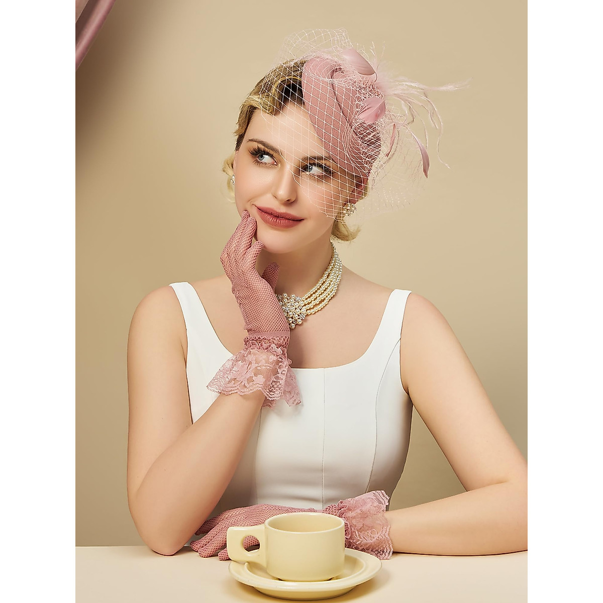 SWEETV Fascinators Pillbox Hats for Women, Tea Party Hat and Short Lace Gloves Set for Kentucky Derby, Cocktail, Wedding, Fancy Dress Party, Dusty Pink