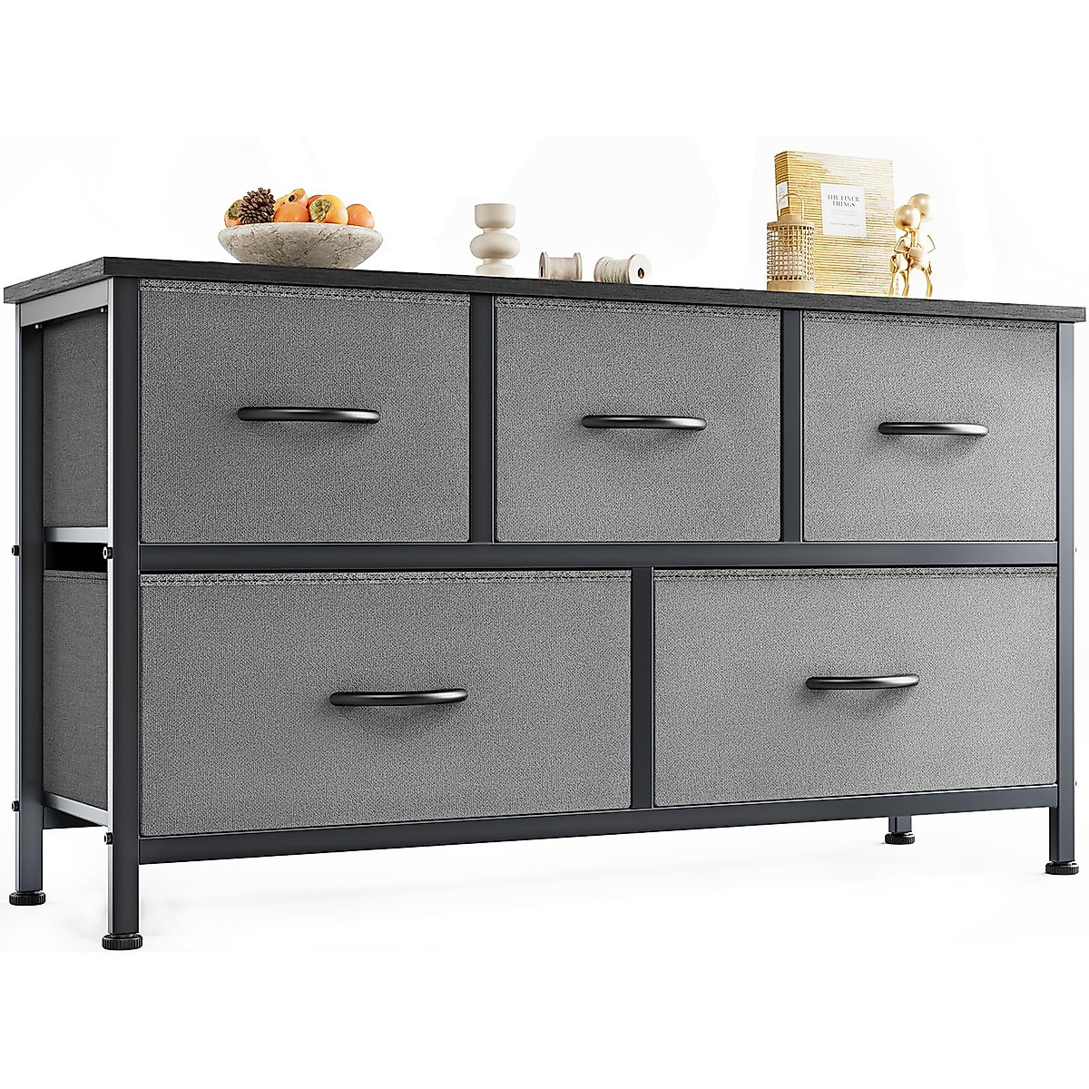 OLIXIS Dresser for Bedroom with 5 Drawers, Wide Chest of Drawers, Fabric Bedroom Dresser with Drawer Organizers, Storage Organizer Unit with Fabric Bins for Closet, Living Room, Hallway, Grey