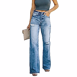 PLNOTME Women's High Waisted Boyfriend Jeans Baggy Wide Leg Ripped Casual Distressed Denim Pants Blue