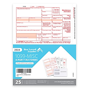 1099 MISC Forms 2022, 4 Part Tax Forms Kit, 25 Vendor Kit of Laser Forms, Compatible with QuickBooks and Accounting Software, 25 Self Seal Envelopes Included