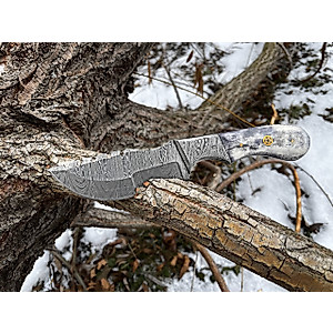 Titan International Knives Damascus Hunting and Camping Knife | Fixed Blade Survival Knive Handmade 1095 4340 Carbon Mix Hand Pounded | Bolster and Dyed Bone Handle with Leather Sheath Perfect for Outdoors